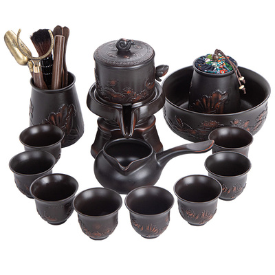 紫陶浮雕石磨泡茶壶旋转出水懒人自动茶具年年有余茶壶一整套高档