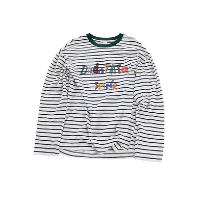 晶咕白标DADATATA【美式day wear】条纹针织刺绣T恤女秋大码上衣