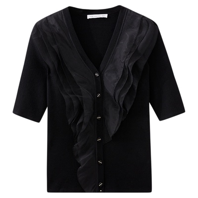 水云间v领短袖天丝上衣修身女荷叶边针织开衫外套莱赛尔2026秋款