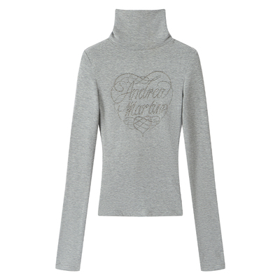 ANDREA MARTIN冬新款简约风高领烫钻长袖T恤女修身打底衫上衣