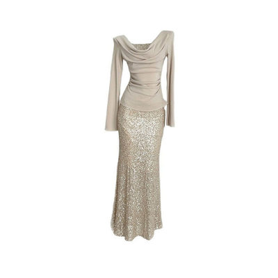 韩系减龄温柔通勤风微胖亮片鱼尾裙新款显瘦百搭假两件上衣套装