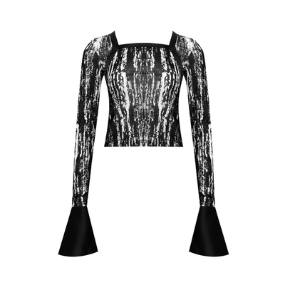 印花方领微喇喇叭长袖打底衫上衣