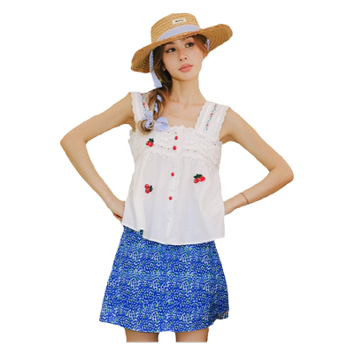 CLOUDSEASON樱桃花边吊带上衣 2026女士夏季新款上衣遮肚子显瘦