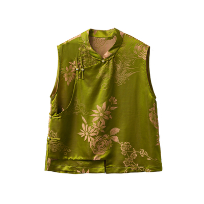 特惠 软缎老缎提花斜门襟真丝马甲女侧盘扣桑蚕丝立领国风上衣春