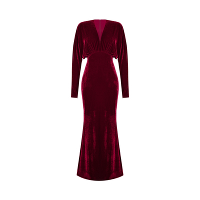 XULU原创秋冬新款红色丝绒包臀裙优雅气质蝙蝠袖礼服V领连衣裙