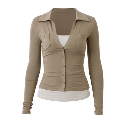 PynkiSwear 淡黄色/摩卡色V领假两件修身长袖T恤撞色翻领打底上衣