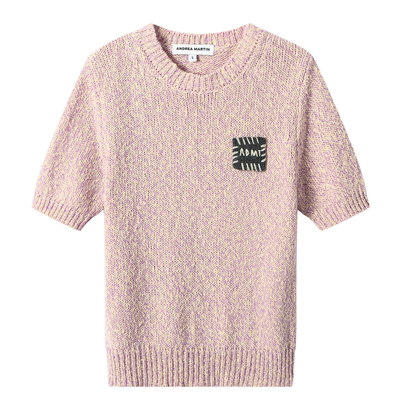 ANDREA MARTIN2026春季新款粉色花纱绣标短袖女修身羊毛针织衫