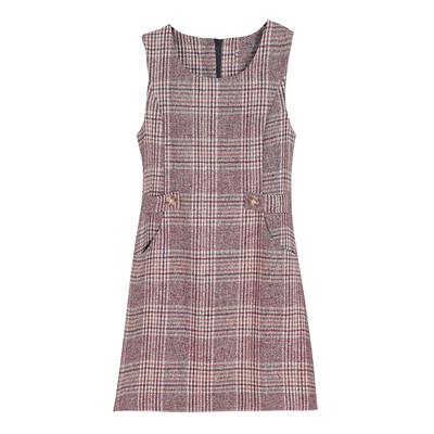 韩版百搭收腰无袖背心裙 毛呢连衣裙修身圆领千鸟格马甲裙大码装