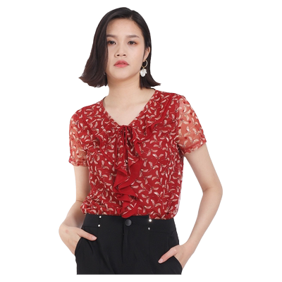 天轩植绒V领设计甜美风短袖衬衫