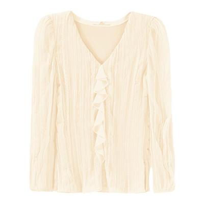 【商场同款】HPLY荷比俪冬季新款女亮丝肌理感荷叶边V领衬衫