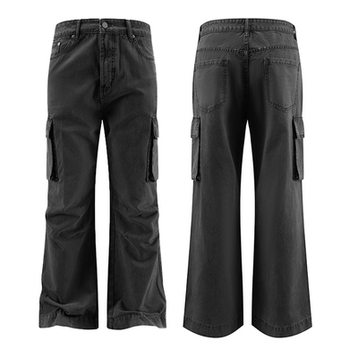 ANYWEAR 复古灰做旧重工工装裤宽松微喇双膝打褶直筒伞兵裤