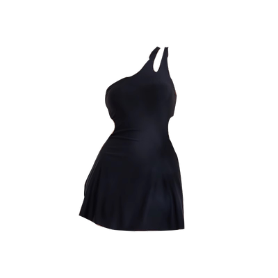 斜肩带连体裙式泡温泉游泳衣