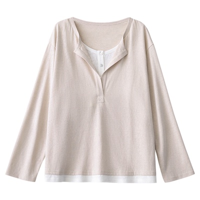 慵懒感撞色假两件长袖T恤女