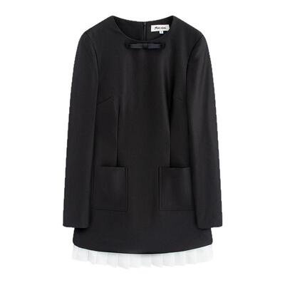 Marc Moore 2025秋季新款缎面蝴蝶结拼接百褶连衣裙女简约连衣裙