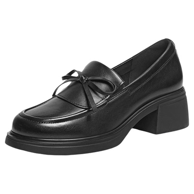 红蜻蜓乐福鞋女2026春季新款女鞋粗跟增高厚底小皮鞋黑色通勤单鞋