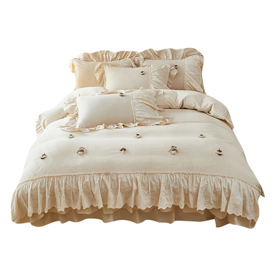 法式浪漫少女棉麻刺绣床裙四件套