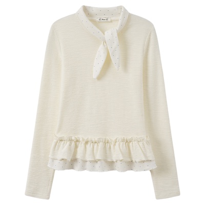 甜妹波点绑带翻领纯色针织长袖