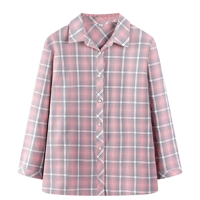 妈妈春装格子纯棉衬衫长袖翻领