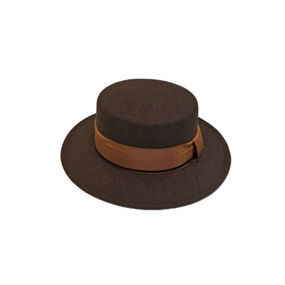 英伦复古棕色仿毛呢平顶礼帽女士