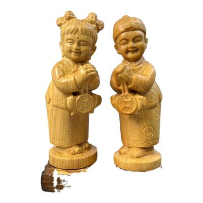崖柏木雕刻金玉双娃摆件家用家居