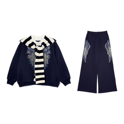 TCH休闲慵懒风翅膀烫钻藏青色带披肩卫衣休闲裤套装女T78A07E1067