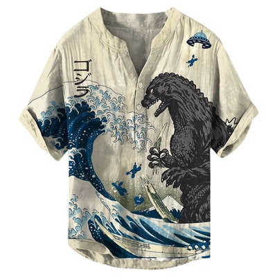 Round neck printed hem pullover shirt 圆领印花卷边套头衬衣男