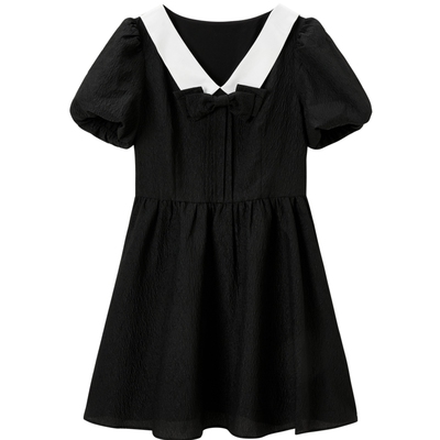 【商场同款】乐町撞色翻领连衣裙秋新款肌理感小黑裙C1FAE3134