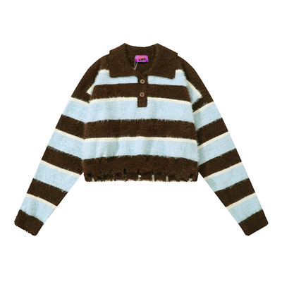 美拉德风条纹polo领短款毛衣女