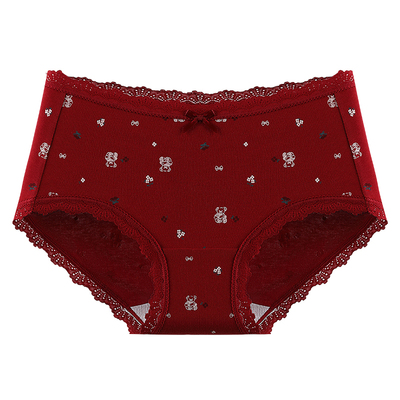 本命年大红色纯棉女士内裤女中腰蕾丝少女款抗菌全棉裆女士三角裤