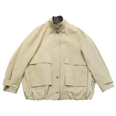 格子拼接花苞型中性工装夹克外套