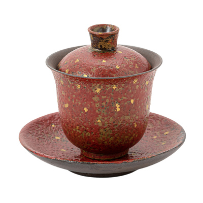 老岩泥铁红釉粗陶盖碗