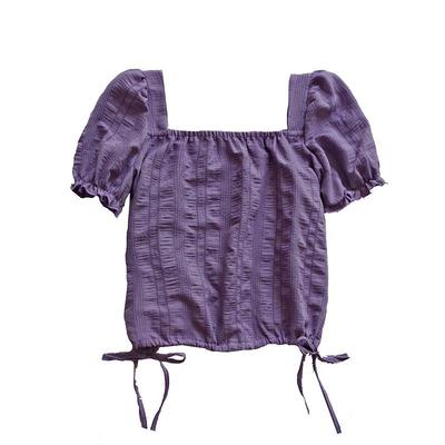 紫色方领甜美短袖蝴蝶结小衫