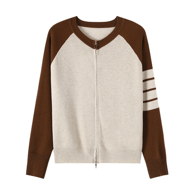 Basic House/百家好学院风撞色拼接针织衫宽松圆领插肩袖开衫外套