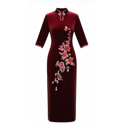 复古绣花大码长款旗袍女