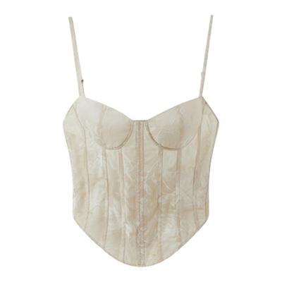 【MARKGONG】女装高级流行独特流行鱼骨抹胸束腰双层米色烂花上衣