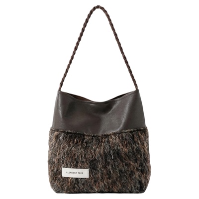 小众气质棕七彩毛呢hobo水桶包