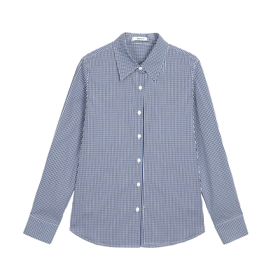 Maven Lin 高智M1U风 深蓝格纹长袖衬衫女白领通勤翻领格子衬衣