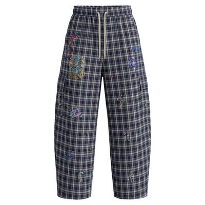 TCH复古潮酷风烫钻格纹弯刀裤女百搭休闲宽松工装裤T78A20E1217