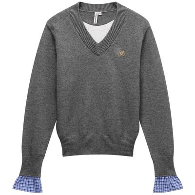 美特斯邦威毛衣女秋季新款潮流休闲V领假两件花边长袖毛衫女