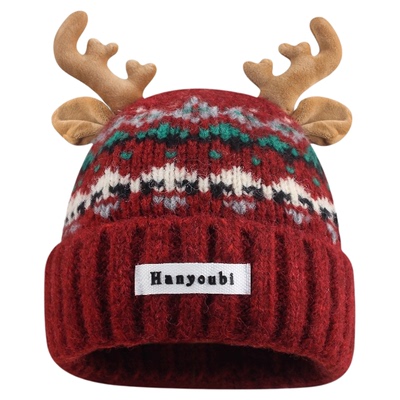 日本GP圣诞红色鹿角针织帽子女秋