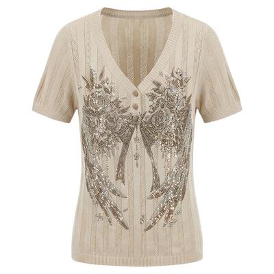 TCH翅膀烫钻V领修身显瘦短袖针织T恤女2026春夏新款T78A09E1181