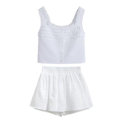 亚麻棉裙子蕾丝花边吊带上衣套装