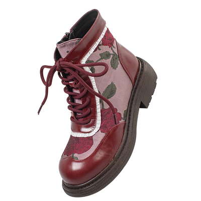 花边小圆头拼接复古轻甜真皮马丁