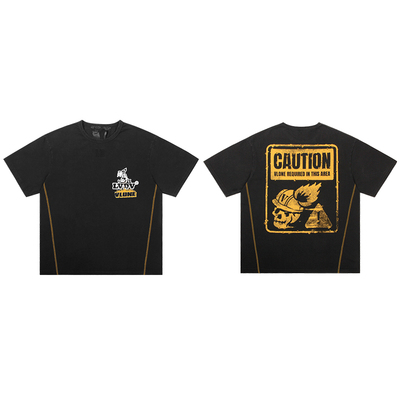VLONE 美款 [BBB]系列骷髅警示标烫钻印花做旧水洗T恤男女同款