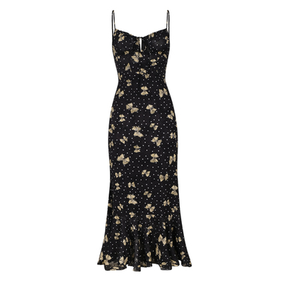 ITSNIKAR法式黑色蝴蝶连衣裙女春夏碎花吊带裙设计感鱼尾长款裙子