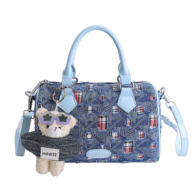 牛仔格纹复古通勤波士顿枕头包