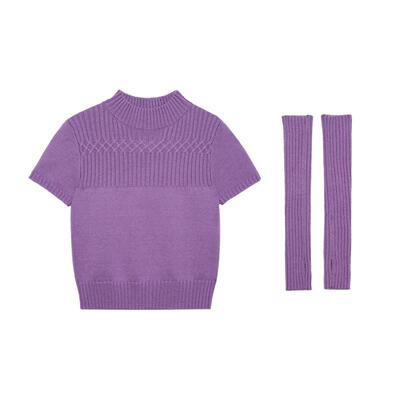 LLANO高领坑条短袖针织衫带袖套