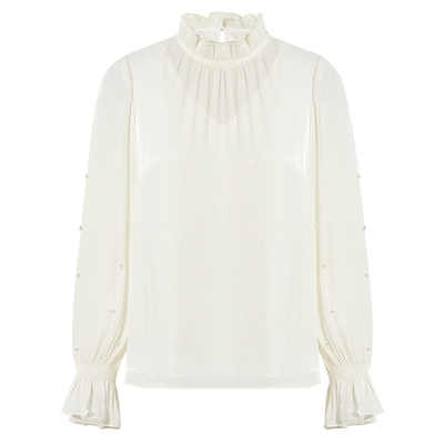 La Koradior拉珂蒂春季新款法式钉珠衬衫纯色气质花边领长袖上衣