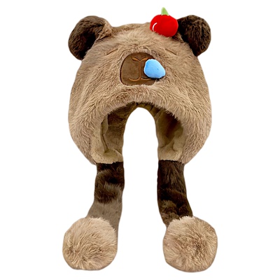 卡皮巴拉会动的耳朵毛绒帽子女冬