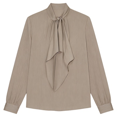 百家好法式美拉德咖色飘带衬衫女